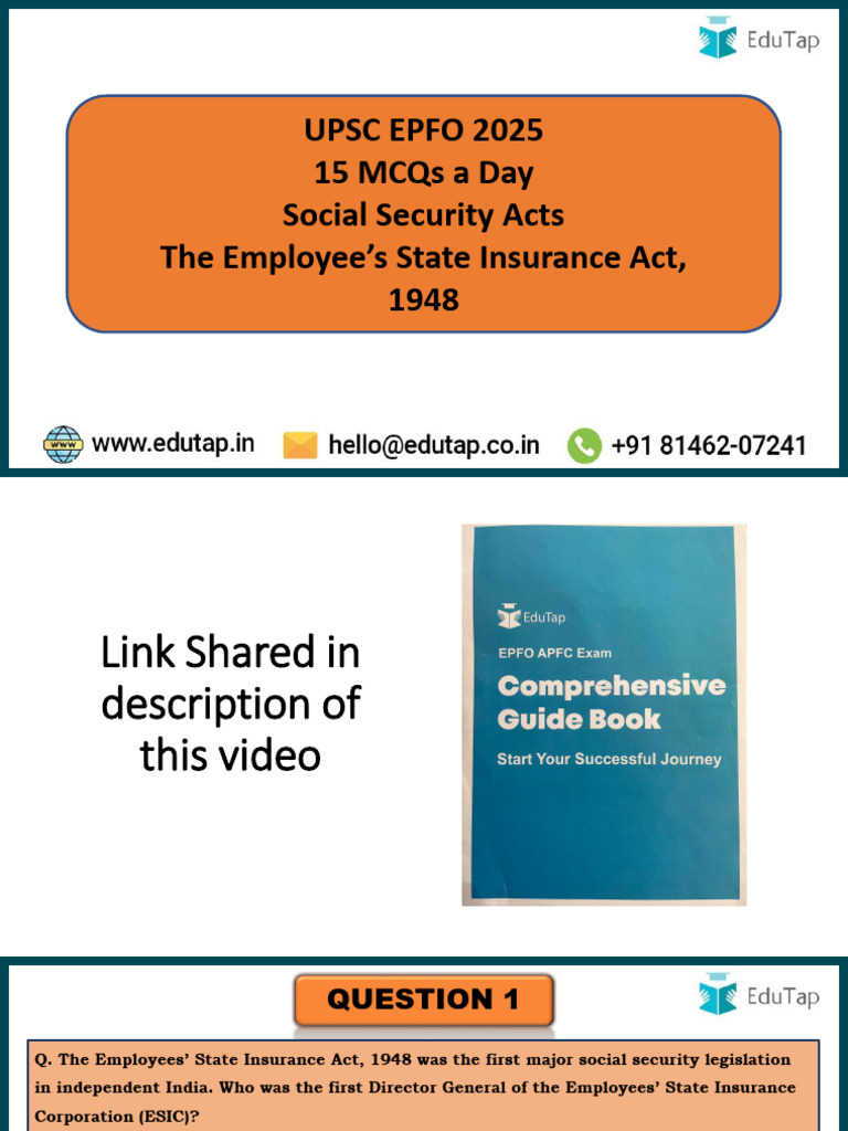 ESI Act 1948: Key MCQs for UPSC EPFO | PDF | Employment | Employee ...