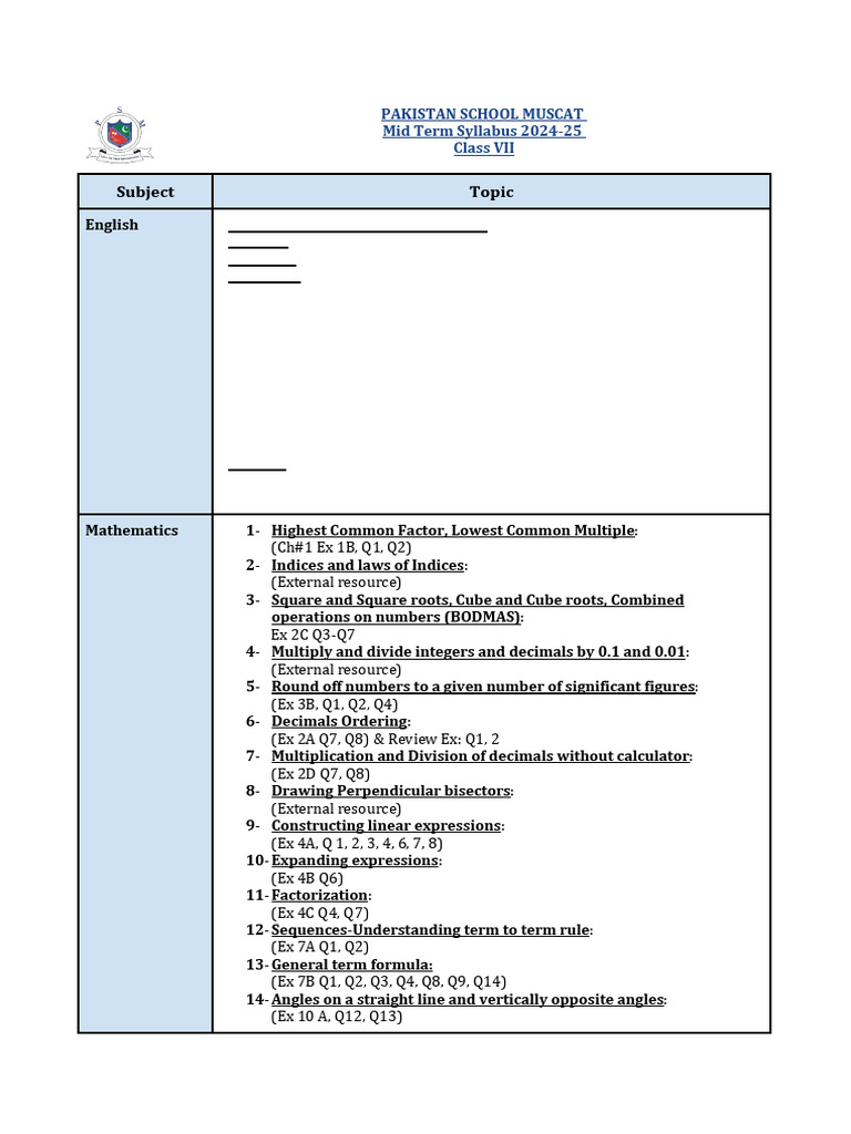 7 Mid Term Syllabus and ToS 2024-25 | PDF | Grammar | Linguistics