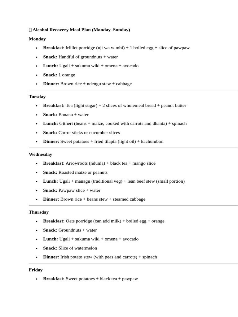 Weekly Alcohol Recovery Meal Plan | PDF | Lunch | Peanuts
