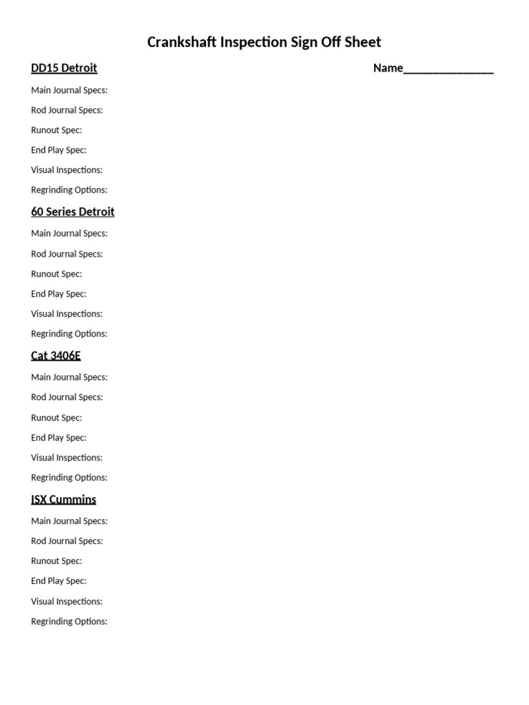 Crankshaft Inspection Sign Off Sheet | PDF