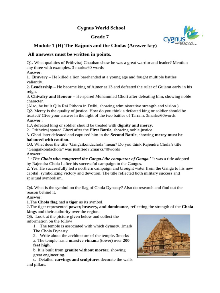 Answer Key 2025 GR 7 (H) Module1 The Rajputs and Cholas | PDF