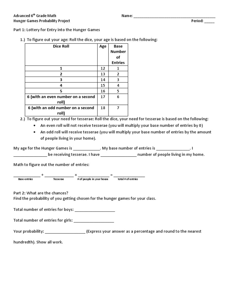 6th Grade Adv Hunger Games Probability Project | PDF | Teaching ...