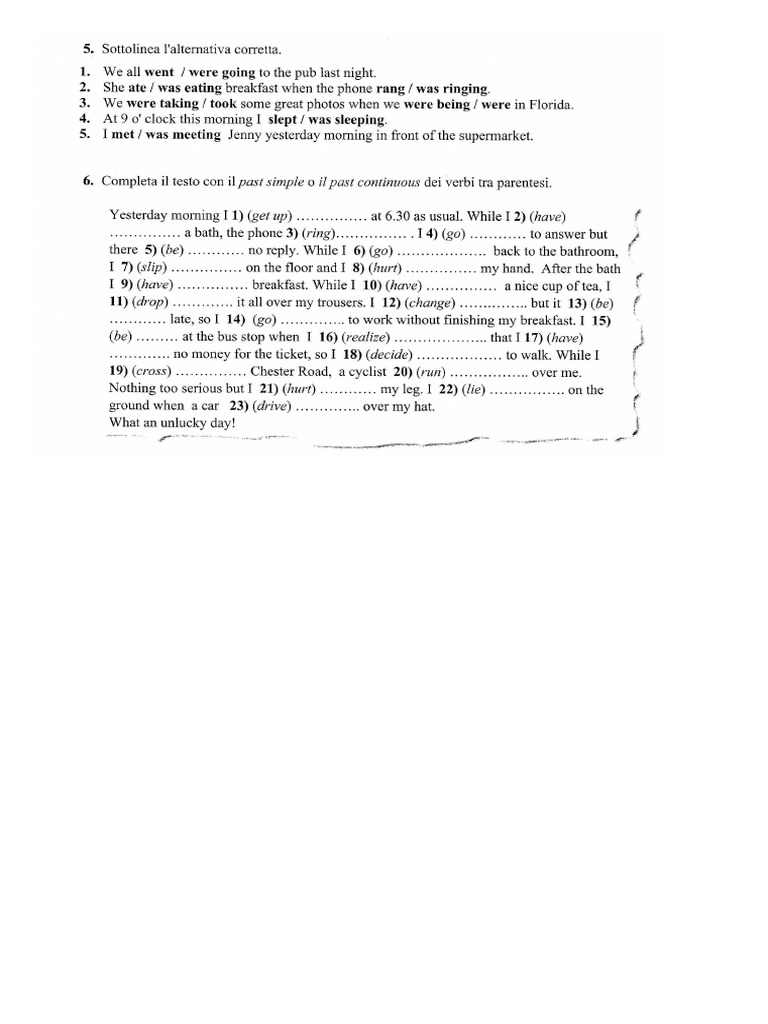 Esercizi Past Continuous vs Simple e Simple Past vs Past Perfect - Da Grammar Files | PDF