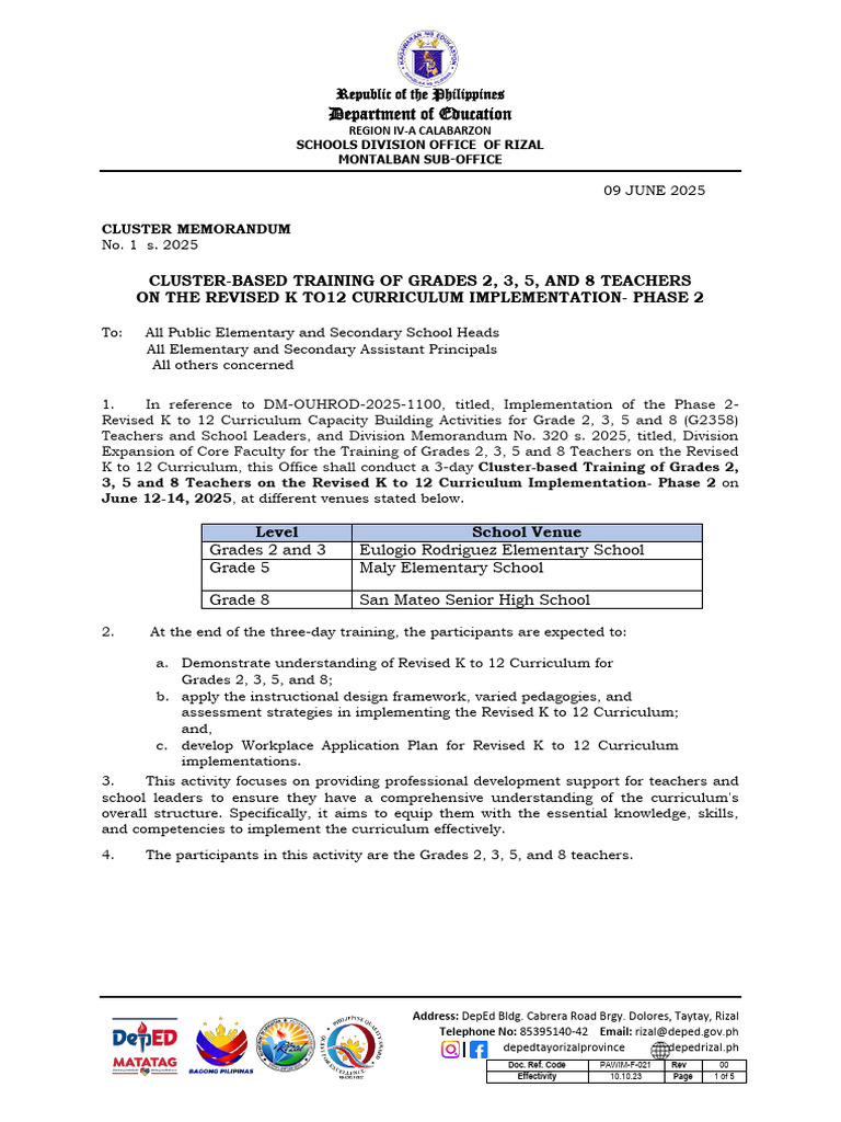Training for Grades 2, 3, 5, 8 Teachers | PDF | Curriculum | Procedural ...