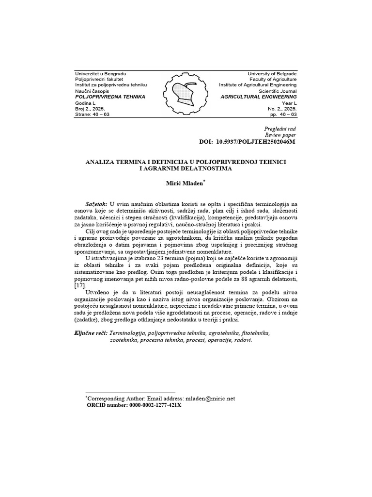 Analiza Termina I Definicija U Poljoprivrednoj Tehnici I Agrarnim ...