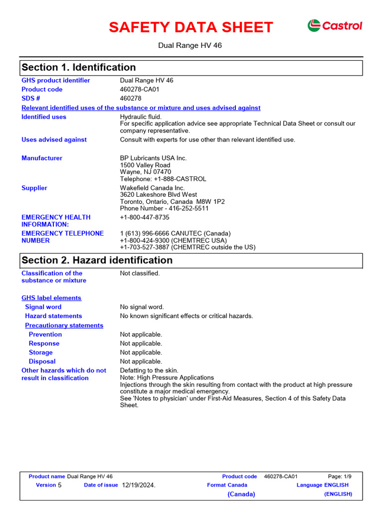 Safety Data Sheet for Dual Range HV 46 | PDF | Occupational Safety And ...