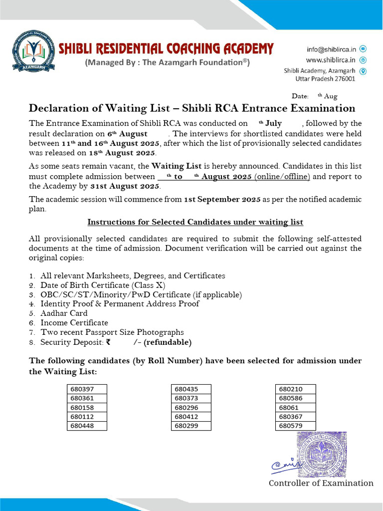 Shibli RCA Waiting List Announcement | PDF