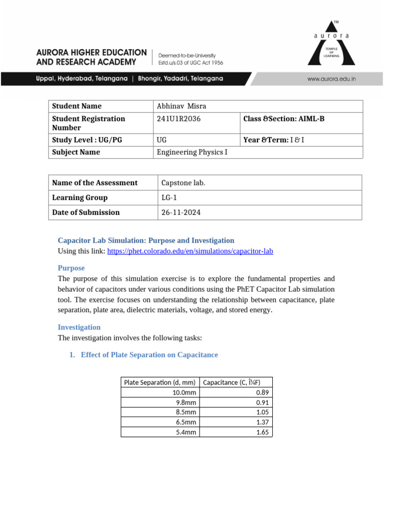 Capacitor Lab Simulation Analysis Pdf Capacitance Capacitor
