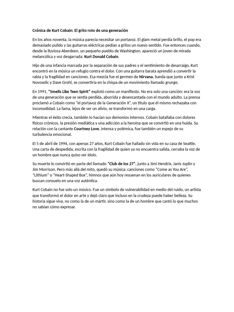 Crónica de Kurt Cobain | PDF | Kurt Cobain | Nirvana (banda)