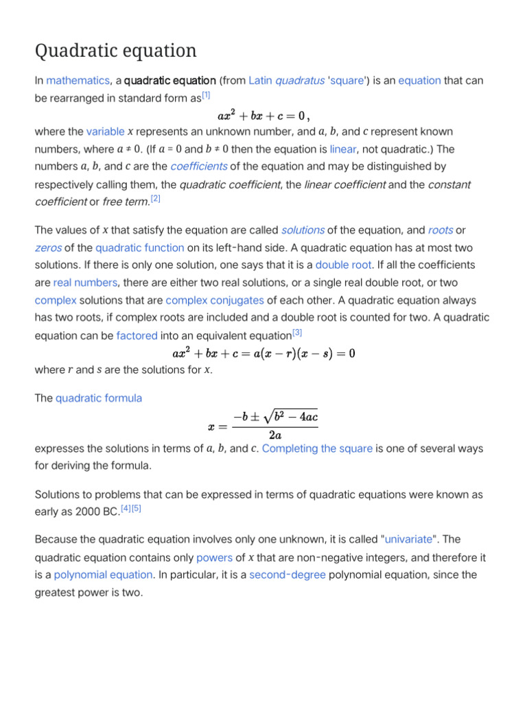 Quadratic Equation - Wikipedia | PDF | Quadratic Equation | Equations