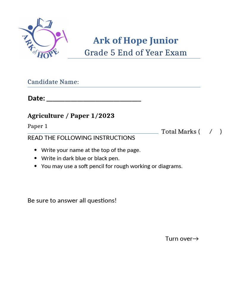 Ark of Hope Junior G5 Agriculture P1 | PDF | Soil | Wound