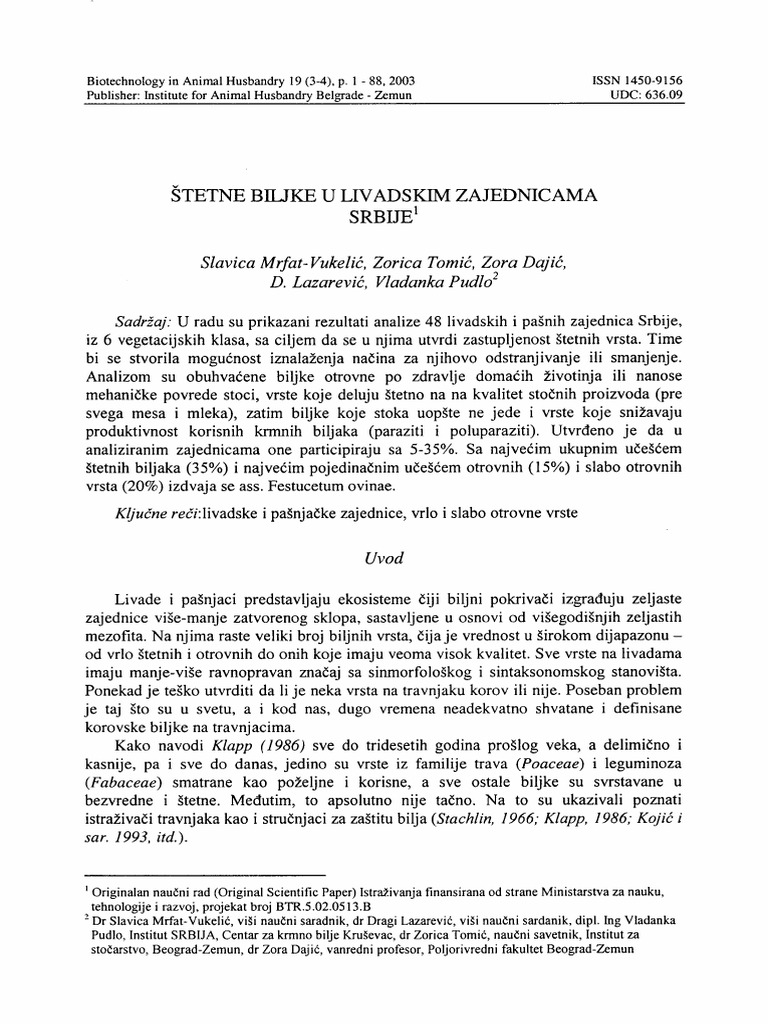 Štetne Biljke U Livadskim Zajednicama Srbije | PDF