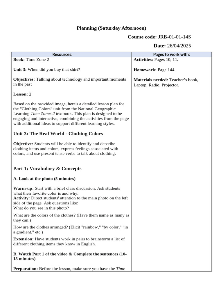 Engaging Lesson Plan: Clothing Colors | PDF | Human Communication ...