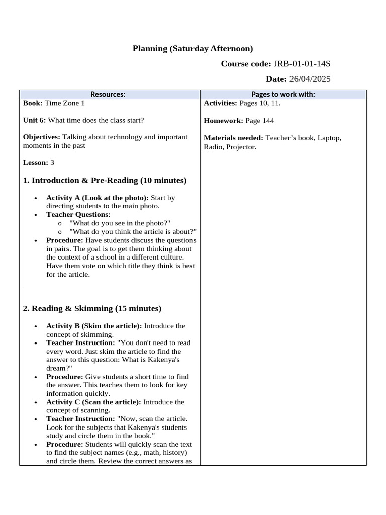 Saturday Class Planning for Unit 6 | PDF | Speed Reading | Schools