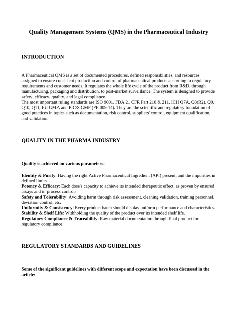 Pharmaceutical Quality Management Systems | PDF | Quality Management ...