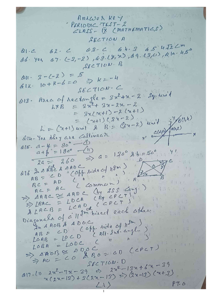 Answer Key Mathematics Class 9 | PDF
