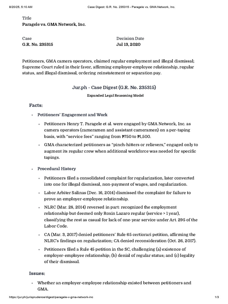 Paragele vs. GMA: Employment Ruling Summary | PDF | Employment | Complaint