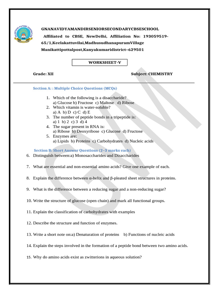 Chemistry Worksheet for Grade XII Students | PDF