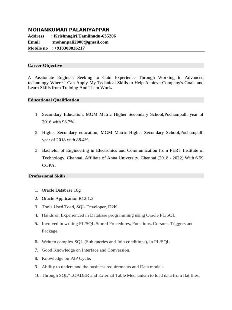 Mohankumar Palaniyappan | PDF | Pl/Sql | Databases