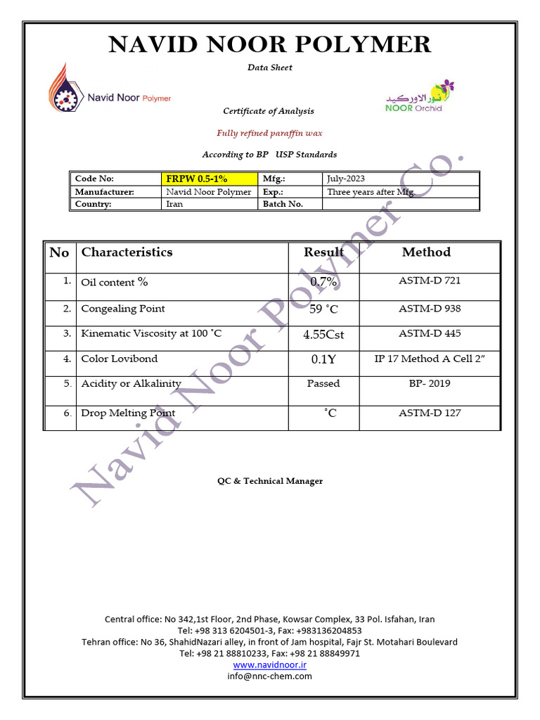 Navid Noor Polymer Paraffin Wax Data Sheet | PDF