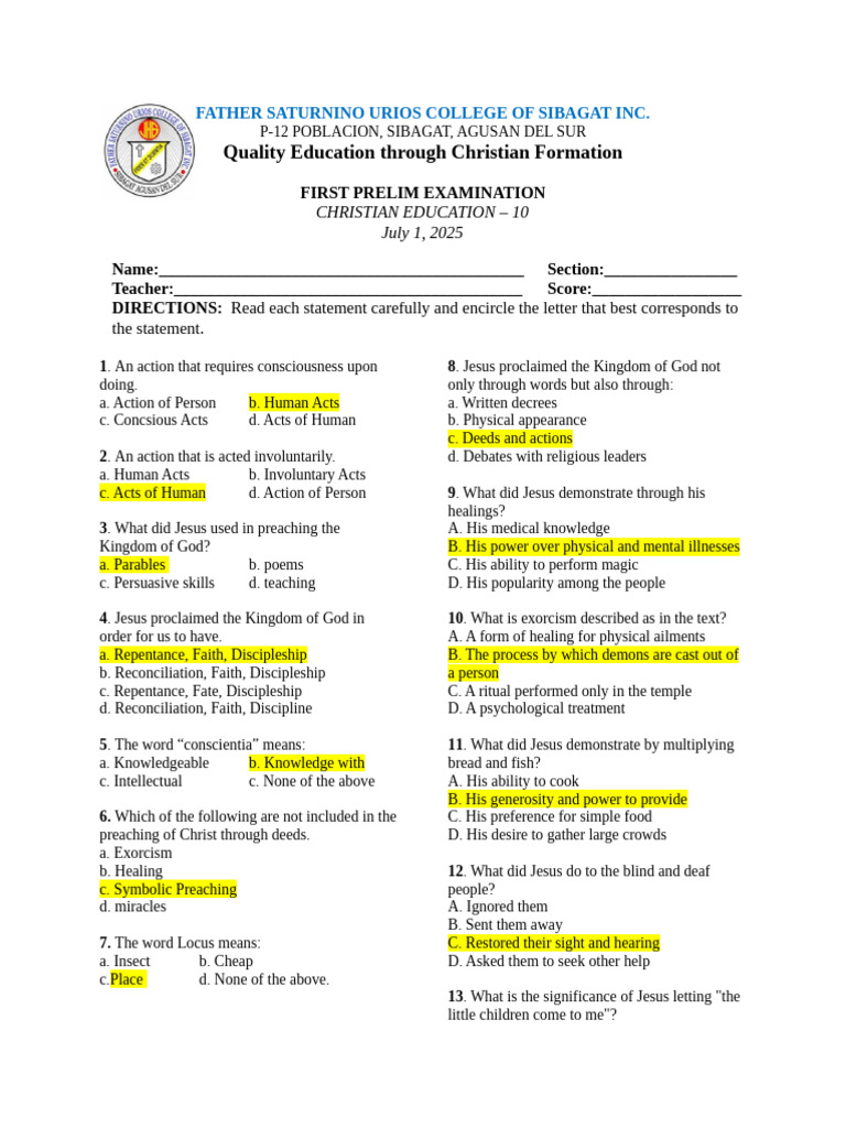 Christian Education Exam: Human Acts | PDF | Jesus | Acts Of The Apostles