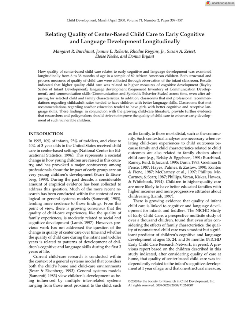 Child Development - 2003 - Burchinal - Relating Quality of Center Based Child Care To Early ...