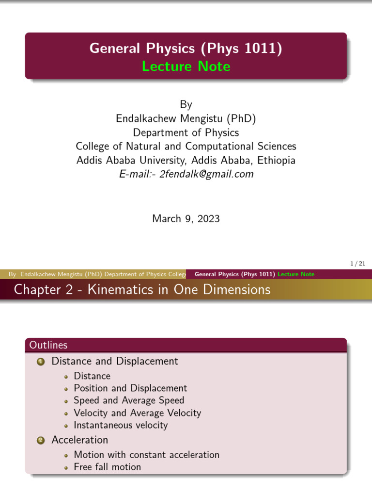 General Physics Phys 1011 Lecture Note | PDF | Velocity | Acceleration