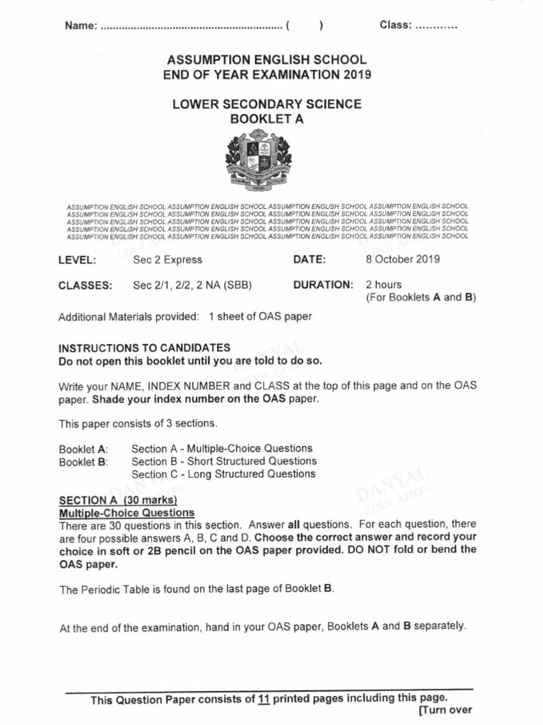 Assumption English School Sec 2 Science Exam | PDF | Chemical Elements ...