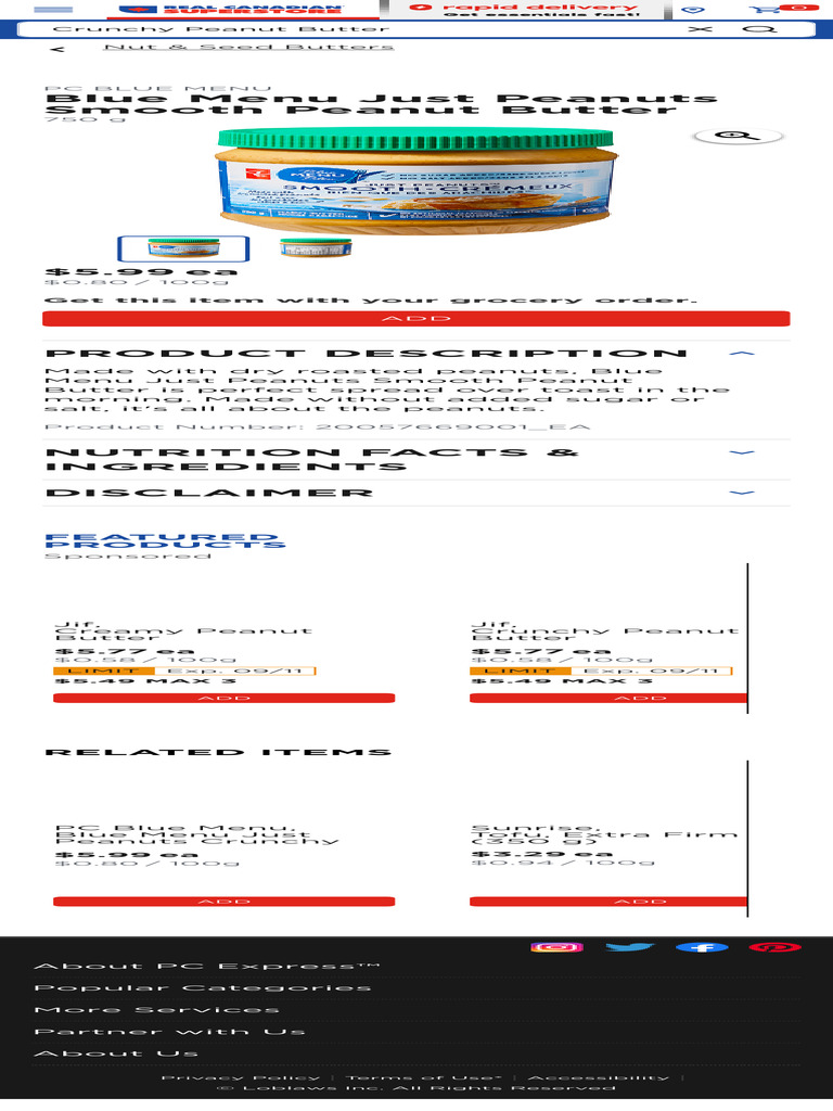PC Blue Menu Blue Menu Just Peanuts Smooth Peanut Butter - 750 G Real ...