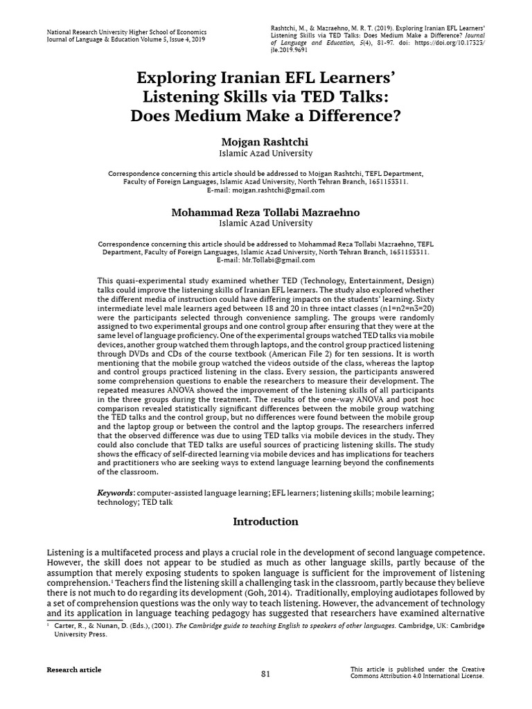 TED Talks Impact on EFL Listening Skills | PDF | Analysis Of Variance ...