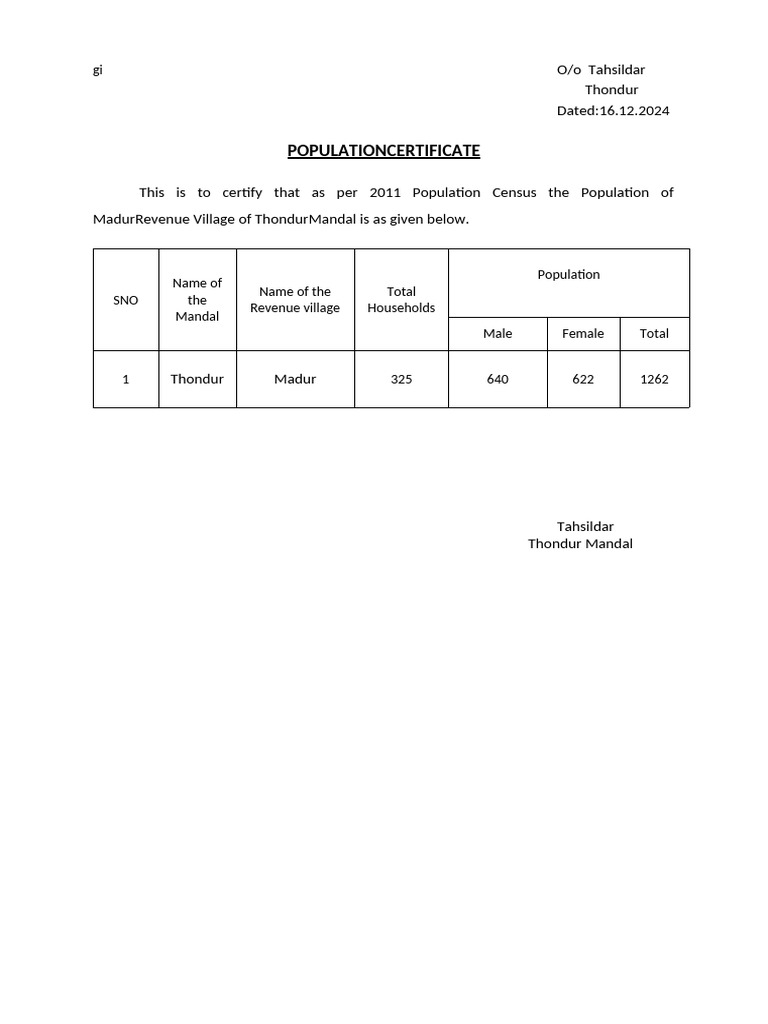 Population Certificate Madur | PDF