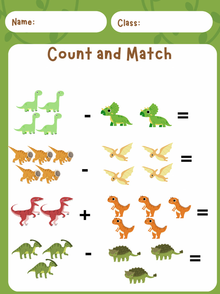 Dinosaur Count and Match Worksheet in Green Illustrated Style | PDF