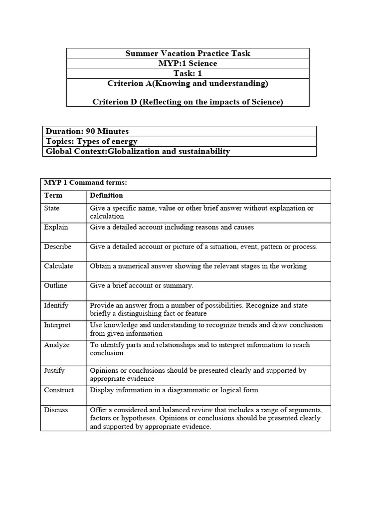 MYP 1 Science: Energy & Cell Structure Tasks | PDF | Tide | Sustainability