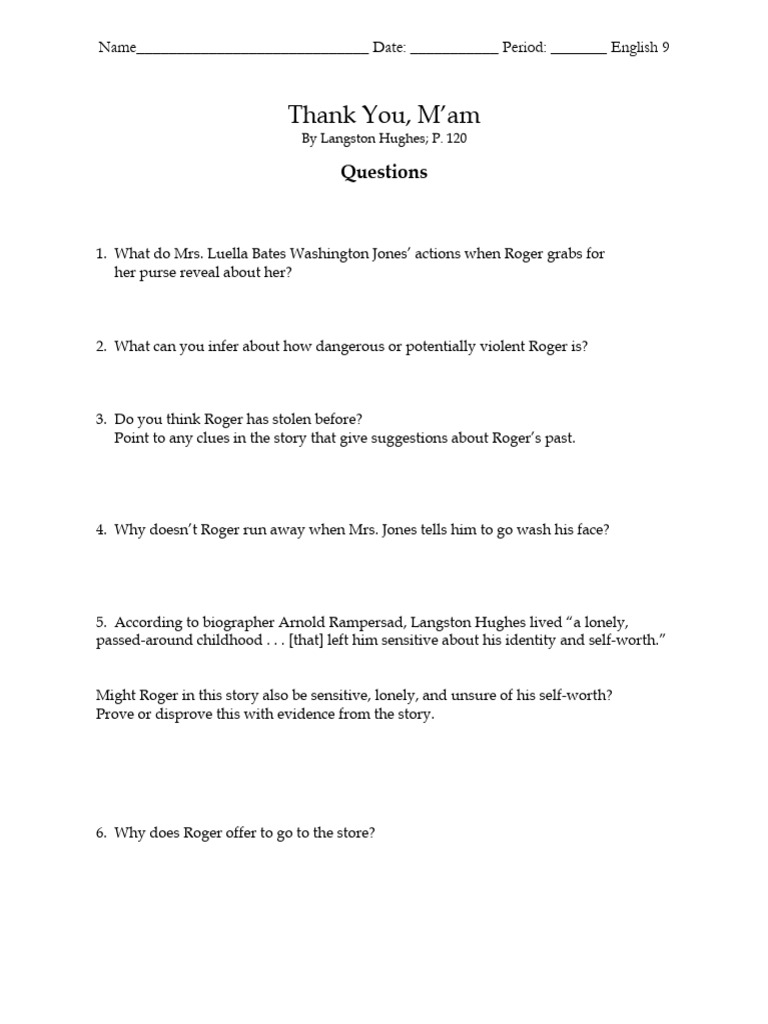 Analyzing "Thank You, M’am" Questions | PDF