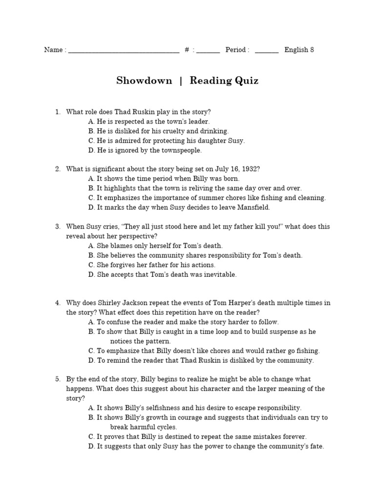 Showdown - Reading Quiz (A) | PDF