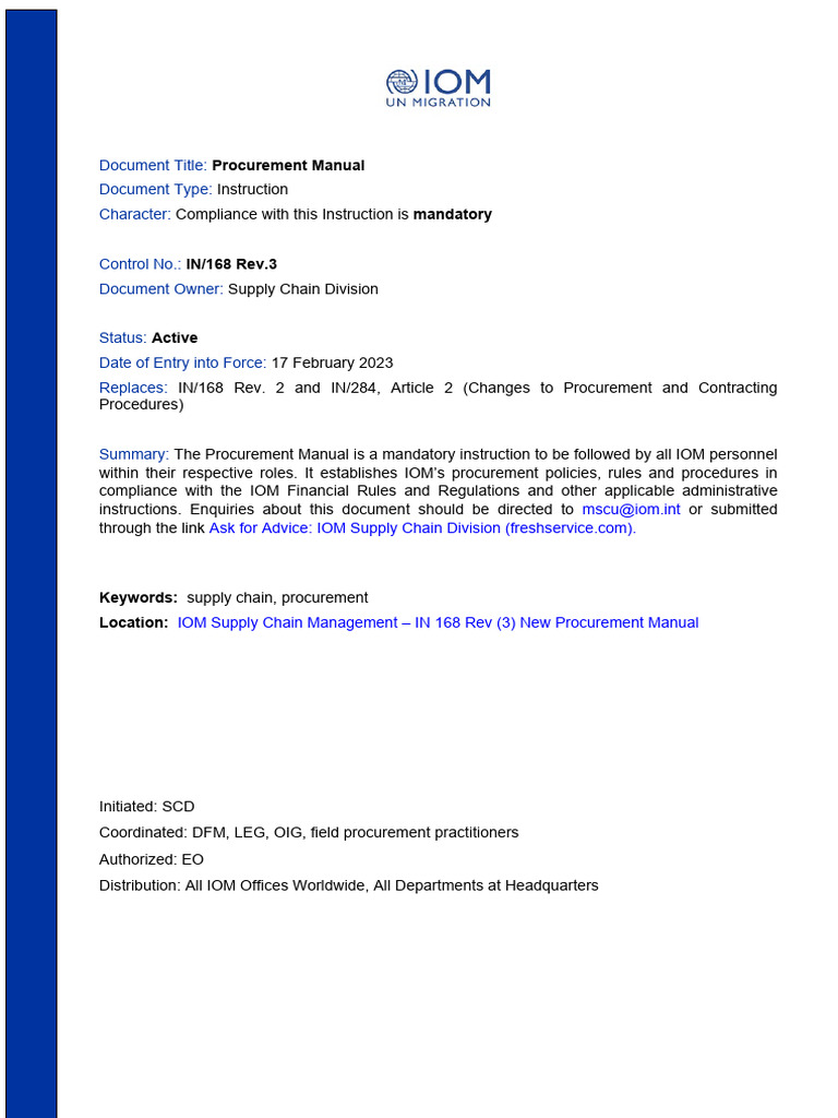 IOM Procurement Manual IN/168 Rev.3 | PDF | Conflict Of Interest | Interest