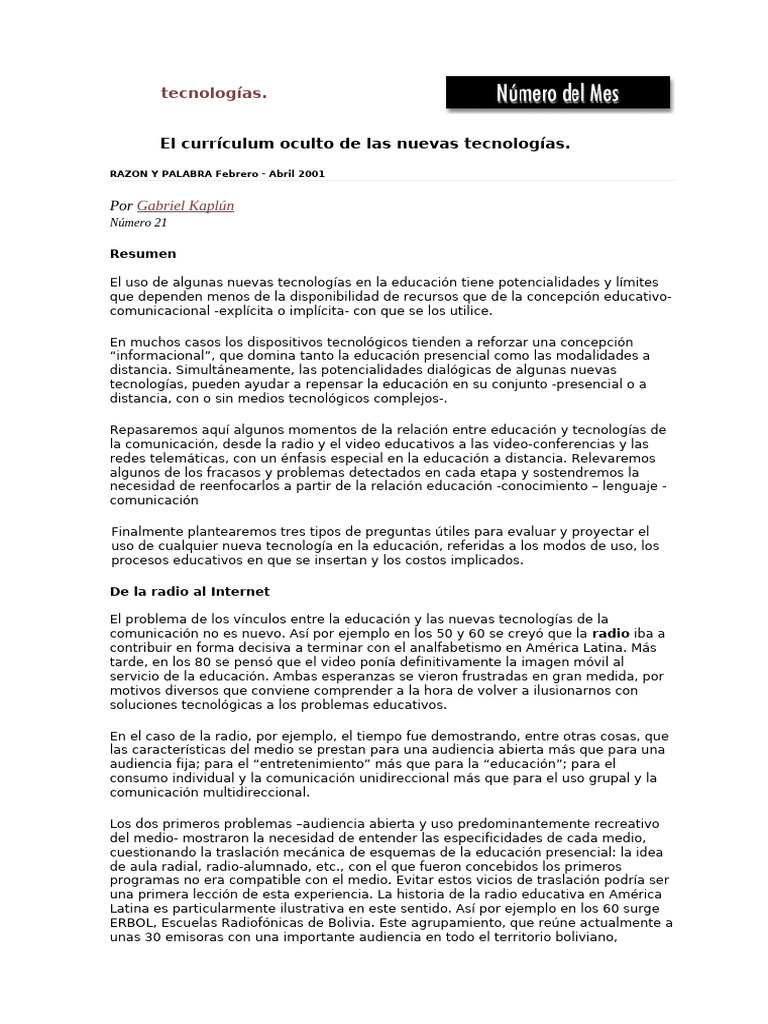 El Curriculum Oculto de Las Nuevas Tecnolog | PDF | Enseñando | Aprendizaje