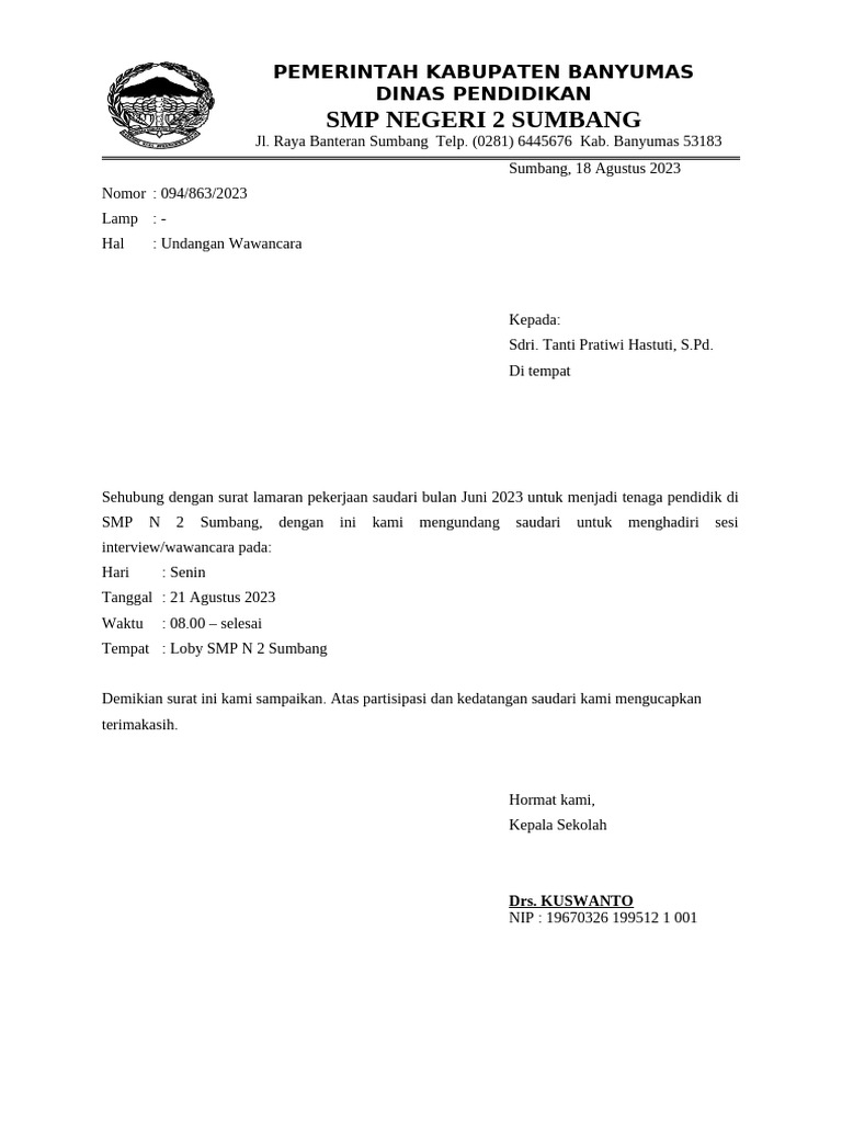Undangan Wawancara SMP N 2 Sumbang | PDF