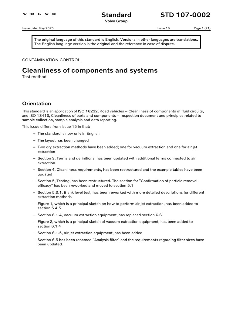 Volvo STD 107-0002: Contamination Control | PDF | Filtration | Ultrasound