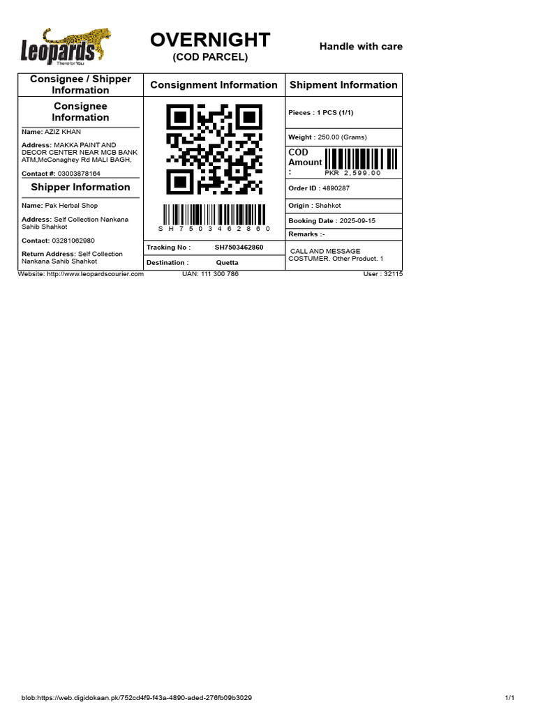 COD Parcel Shipment Details for Aziz Khan | PDF