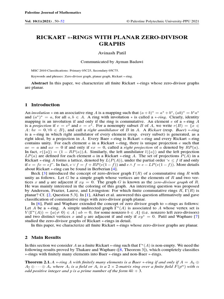 RICKART - RINGS WITH PLANAR ZERO-DIVISOR Graphs Avinash Patil | PDF | Ring (Mathematics) | Algebra