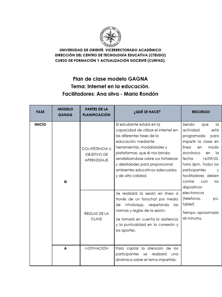 Plan de Clase Modelo GAGNA: Internet en Educación | PDF | Tecnologia ...