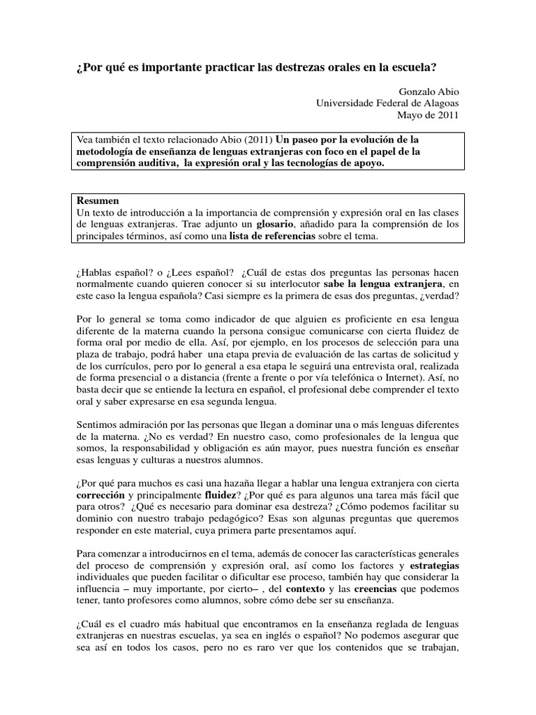 Importancia de las destrezas orales en educación | PDF | Segundo ...