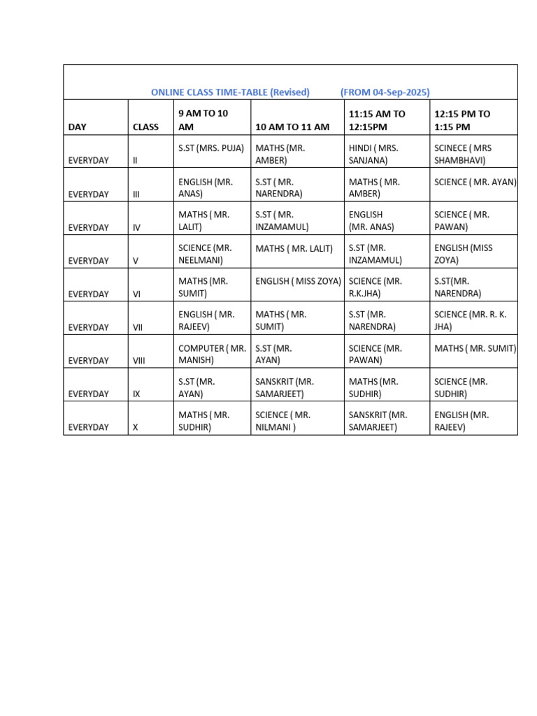 Online Class Time-table (Revised) | PDF