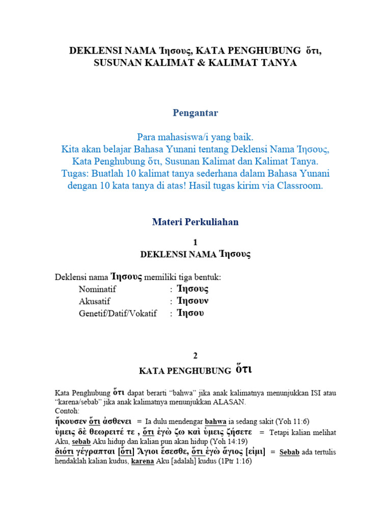 Deklensi Pertama Insous, Kata PEnghubung Oti, Susunan Kalimat, Dan Kalimat Tanya | PDF