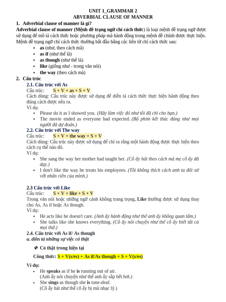 UNIT 1.adverbial Clause of Manner | PDF