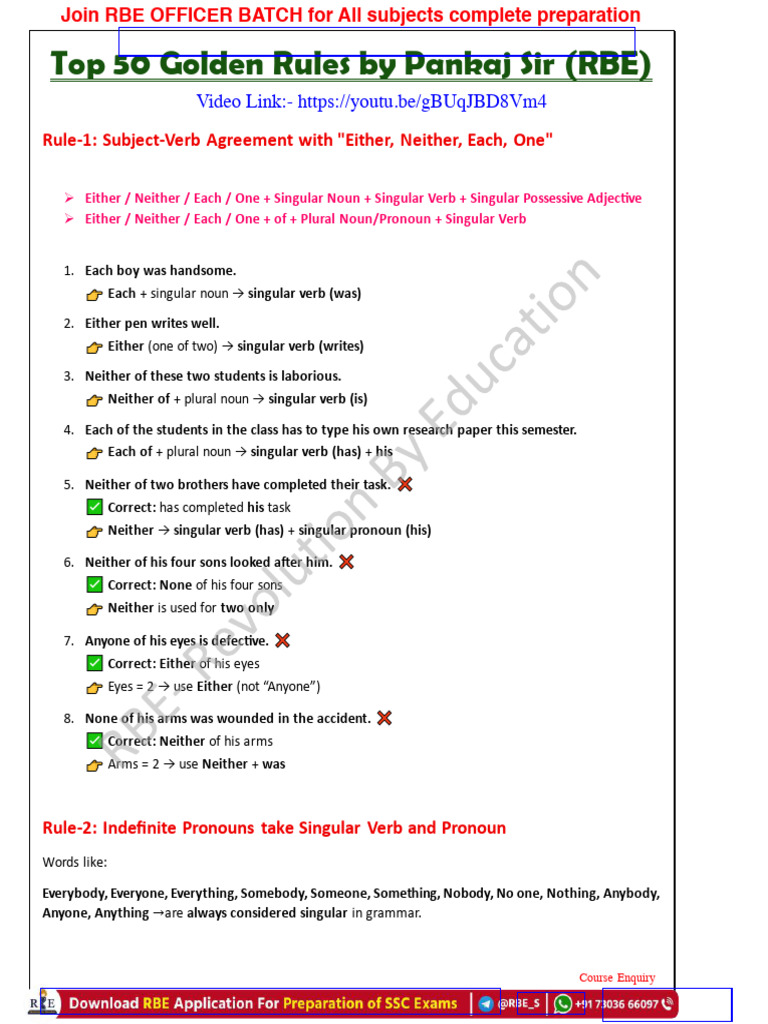 Golden Rules of Subject-Verb Agreement | PDF | Grammatical Number | Plural