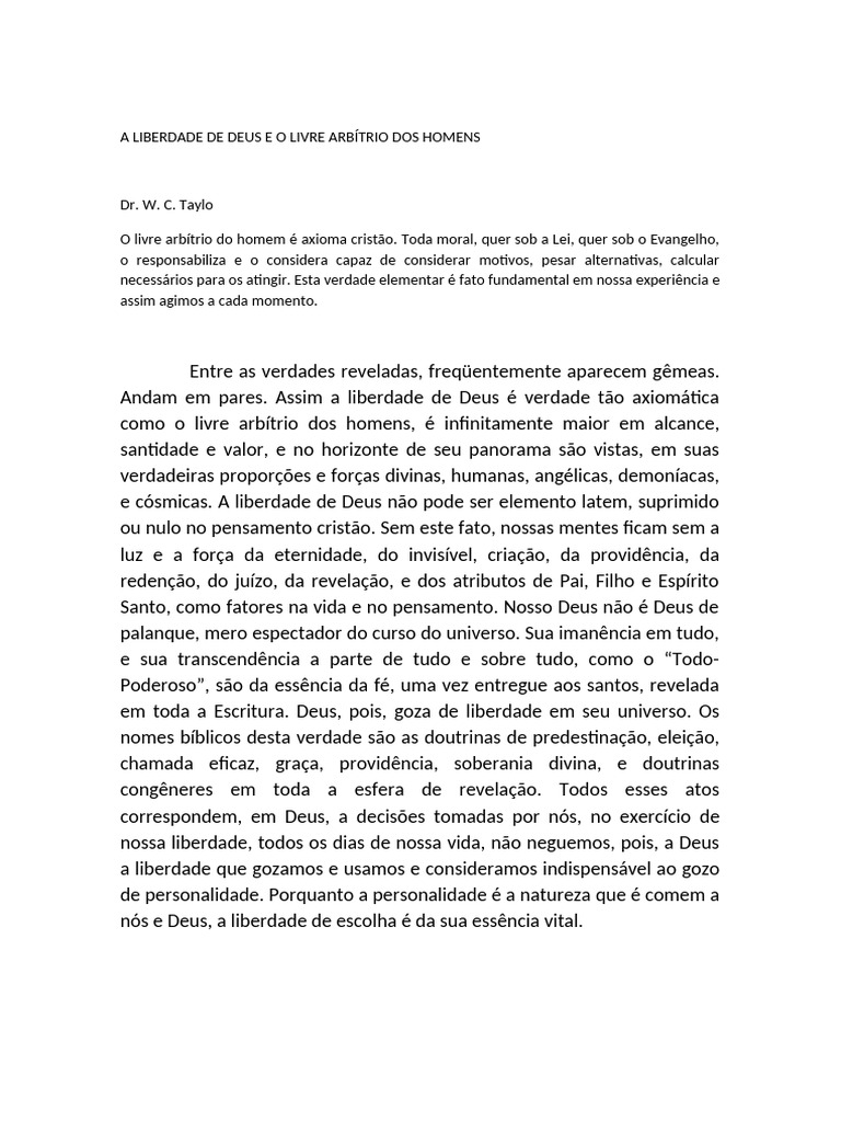 A Liberdade de Deus e o Livre Arbítrio Dos Homens | PDF | Deus | Graça ...