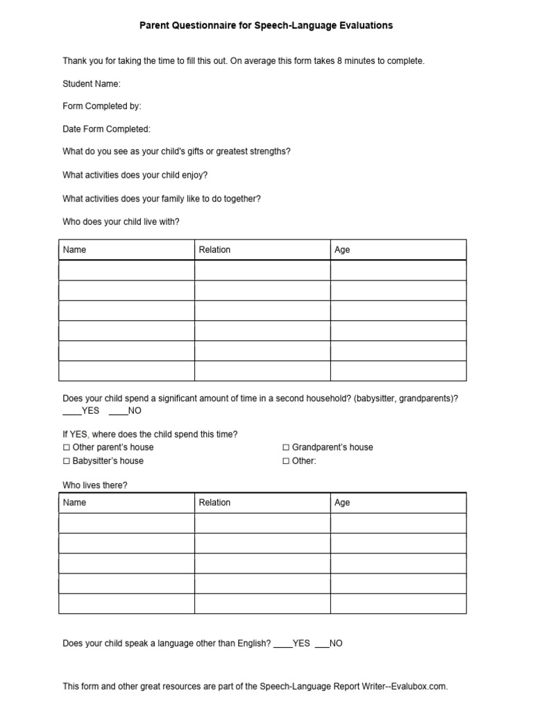 Speech-Language Evaluation Parent Form | PDF | English Language ...