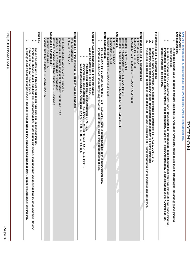 Q4.4) Explain Constants in Python With Examples. | PDF